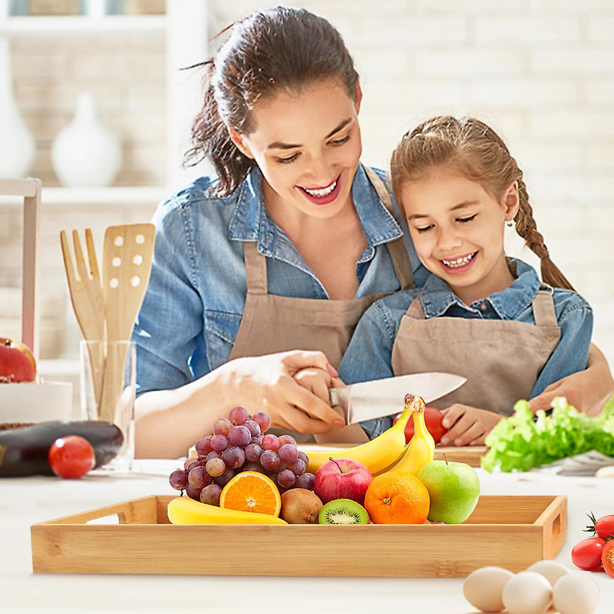 Krismax Serving Tray with Handles, Bamboo Breakfast Tray Wooden Trays Decorative Serving Platter for Eating, Working, Storing, Used in Bedroom, Kitchen, Living Room, Bathroom, Hospital and Outdoors