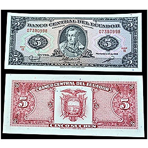 1988 EC OBSOLETE ECUADOR BANKNOTE w FOUNDER of COUNTRY! ORNATE OLD DESIGN ENGRAVED in LONDON 5 SUCRES Gem Crisp Uncirculated