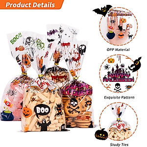 Larcenciel 100 Pcs Halloween Cellophane Treat Bags, Pumpkin Bat Halloween Candy Bags with Twist Ties for Snack Chocolate Popcorn, Bat Pumpkin Spooky Witch Clear Plastic Goodie Bag Party Favor Bags Halloween Decor