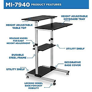 Mount-It! Mobile Standing Desk/Height Adjustable Stand Up Computer Work Station | Rolling Presentation Cart with 27.5 Inch Wide Platform, Locking Wheels
