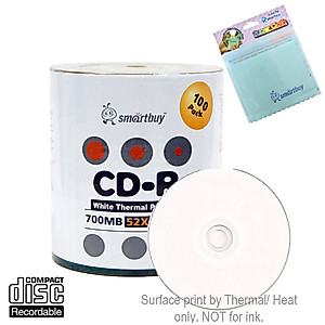 Smartbuy 100-disc 700mb/80min 52x CD-R White Thermal Hub Printable Recordable Disc + Free Micro Fiber Cloth