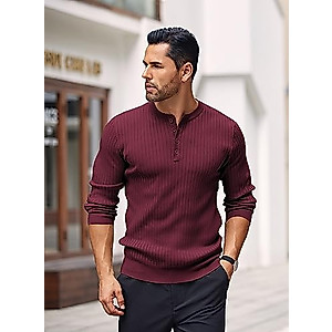 COOFANDY Men's Henley Sweaters Lightweight Casual Knit Sweaters Ribbed Crewneck Pullover Long Sleeve Tops Wine Red