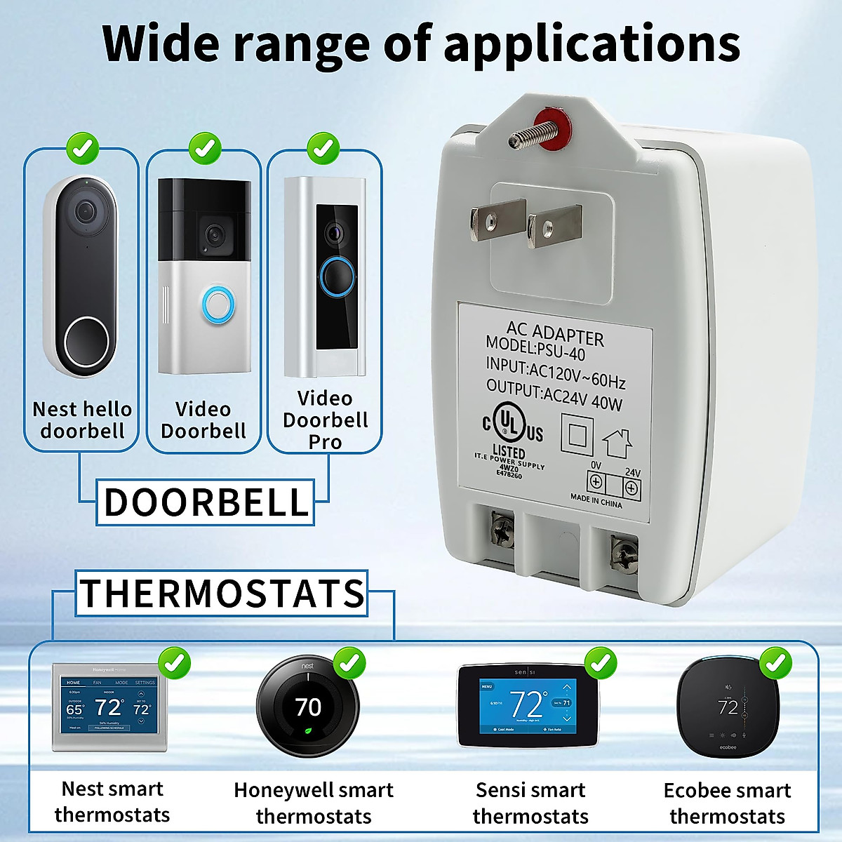 24V 40VA Plug-in Transformer,Doorbell AC Power Supply Adapter with PTC Fuse - Ring Doorbell and Thermostat, Compatible with Nest, Ecobee, Sensi, Honeywell - UL Listed (by CENTROPOWER)