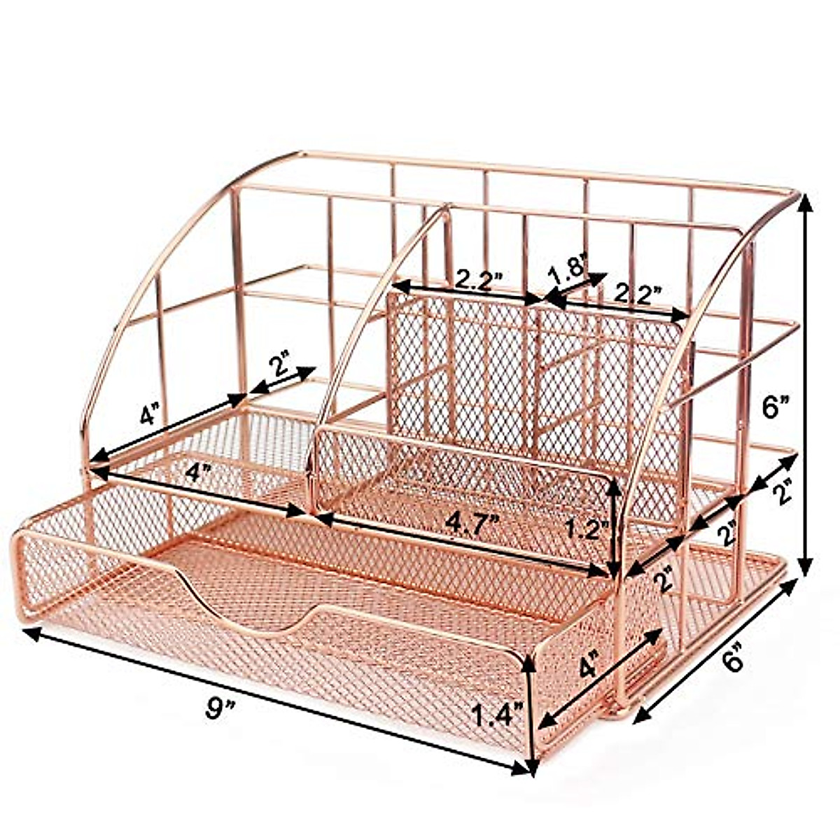 Ogrmar Rose Gold Desk Supplies Organizer, Multi-functional Mesh Desk Organizer with 6 Compartments & Desk Drawer Organizer for Office Supplies and Desk Accessories（Rose Gold） (9" X 6" X 6")