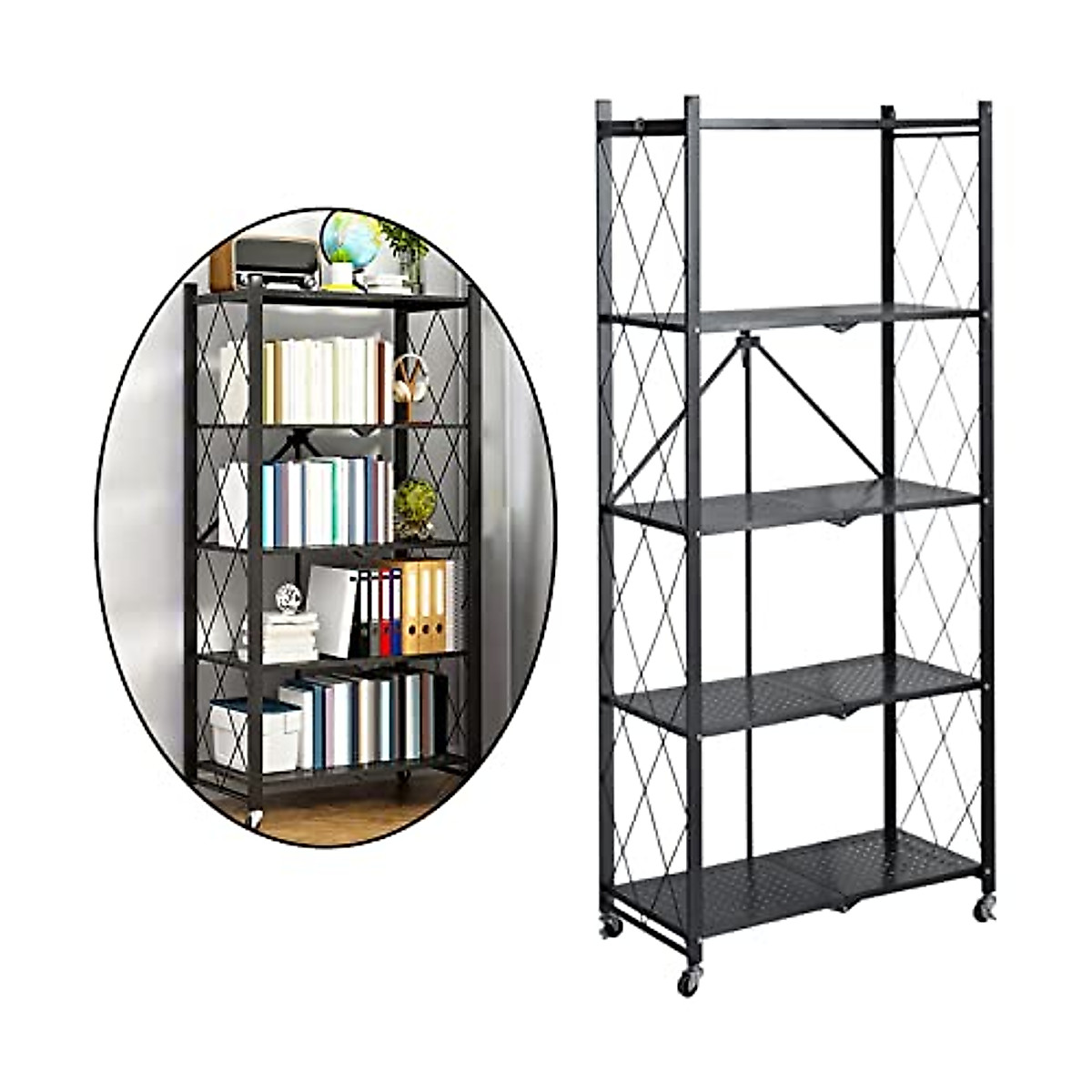 Colcolo Foldable Bookshelf Book Shelves Storage Shelves Rolling Storage Organizer for Home , Five Tier Black