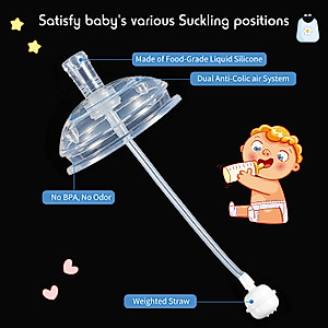 4 Pieces Baby Bottle Nipples (12m+) Medium Flow Silicone Straw Top Nipple Sippy Spout Replacement Nipples and 4 Pieces Cleaning Brushes for 2.8 Inch Diameter Baby Bottle | No BPA | Spillproof