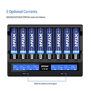 8 Slots 18650 Battery Charger XTAR VC8 Charger USB C 3A Fast Charger 21700 Battery Charger with LCD Display for 3.6V 3.7V Li-ion 10440 18700 26650 1.2V Ni-MH AA AAA C Full Set with QC3.0 Wall Charger