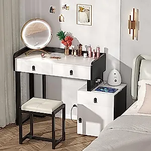 Vanity Desk with Lighted Mirror & Power Outlets, 44'' Makeup Vanity Set with Lights & 3 Drawers, Vanity Mirror with Lights Desk & Chair, Dressing Table with Reversible Cabinet & Stool, White & Black