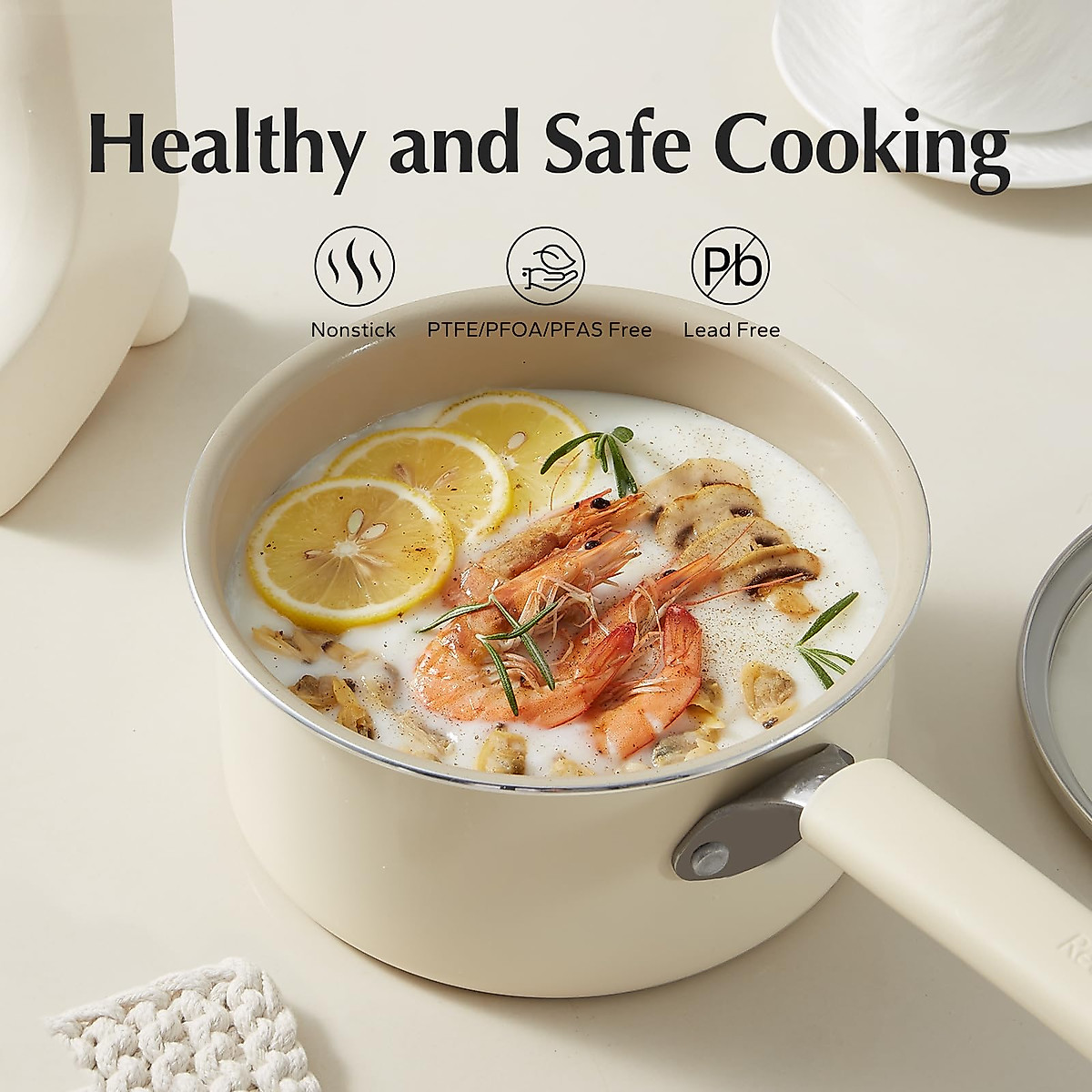 Redchef Ceramic Nonstick Saucepan with Lid, 3QT Small Cooking Pot, Non Toxic Sauce Pans for Kitchen, Cool Handle PFAS Free Compatible with All Cooktops, White