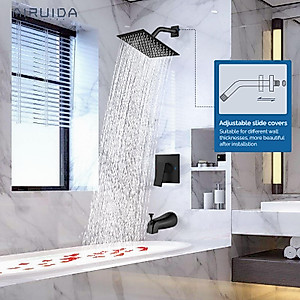 Airuida Shower Faucet Set with 8 Inch Rainfall Square Showerhead and Tub Spout Bathtub Faucet Wall Mount Kitchen Faucet Matte Black 8 Inch Center Wall Mount Faucet Kitchen with Sprayer