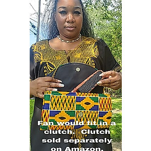 Ahiastring African Fabric Folding Fan: Church, Ankara, Leather, Wedding, Sports, and Pouch Included!