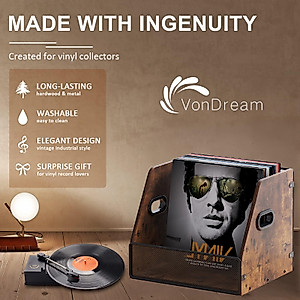 VonDream Vinyl Record Storage, Vinyl Record Box Case Crate, Vinyl Record Album Holder, Desktop Metal & Wooden LP Record Crate, Holds up to 60 Records