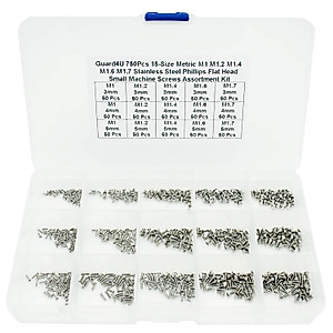Guard4U 750Pcs 15-Size Metric M1 M1.2 M1.4 M1.6 M1.7 Stainless Steel Phillips Countersunk/Flat Head Small Machine Screws Assortment Kit