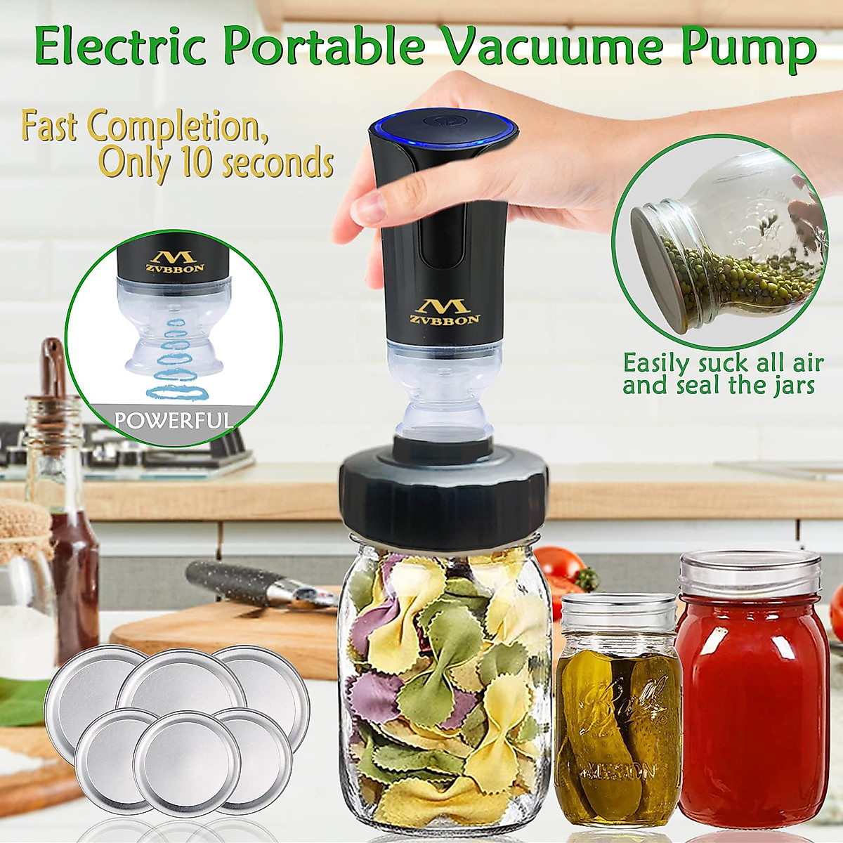 Electric Mason Jar Vacuum Sealer, ZVBBON Powerful Food Saver Jar Sealer Vacuum Sealing Accessory for Wide and Regular Mouth Mason Jars, Mason Jar Sealer Vacuum Kit with Portable Vacuum Pump