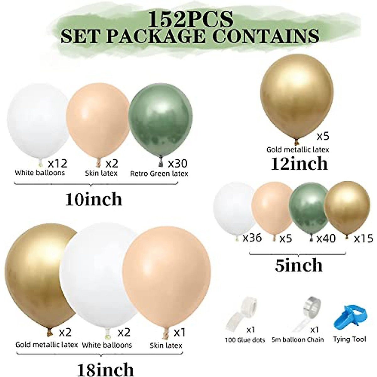 JIZU Sage Green Balloon Arch Kit 152 Pcs Gold and Green Balloon Garland Kit for Birthday Wedding Baby Shower Boy Girl Engagement Party Decorations Backdrop Olive Green Ballon Arch Kit