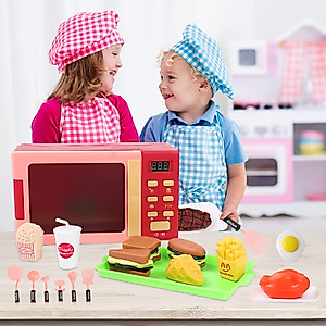 Cuterabit Toy Microwave Oven Playset with Light and Sound, Toy Kitchen Appliances for Kids, Play Kitchen Accessories and Toy Food for Toddlers 3 Year Old Up Girls Boys, Red