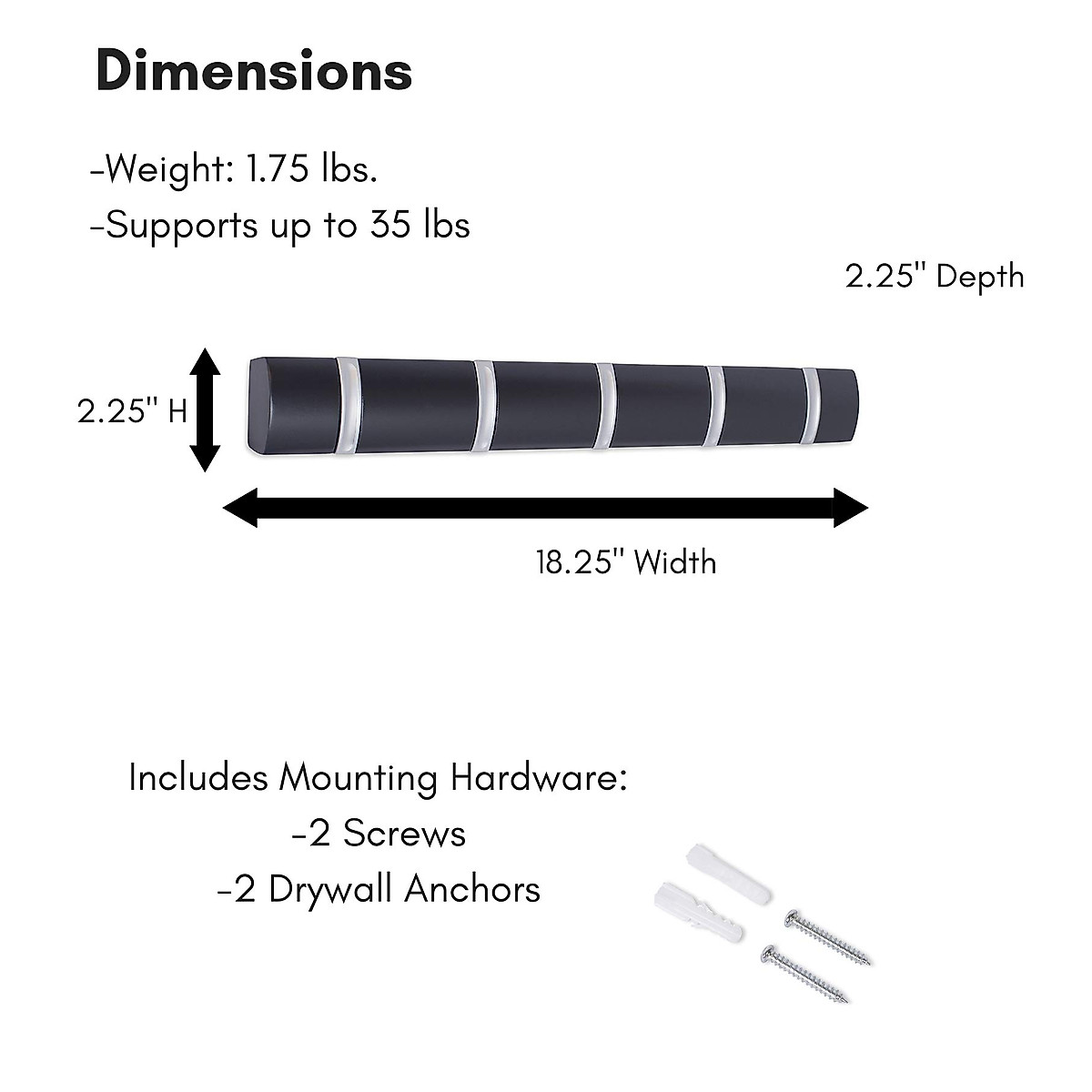 BIRDROCK HOME Folding Hook Coat and Hat Rack - 5 Hooks - 18 Inches - Wall Mount - Decorative Home Storage - Entryway Foyer Hallway Bathroom Bedroom Rail - Satin Nickel Hooks - Black Rail