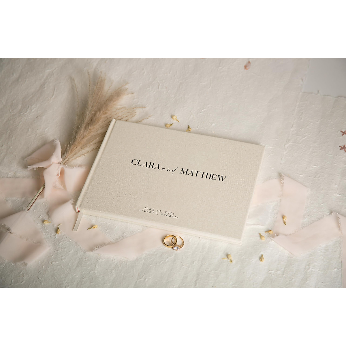 Personalized Guest Book - 11.5" x 8.5" Premium Custom Guest Signing Book with Bookmark and Blank Pages for Wedding Reception Table Decoration Engagement Birthday Party Event, Cream