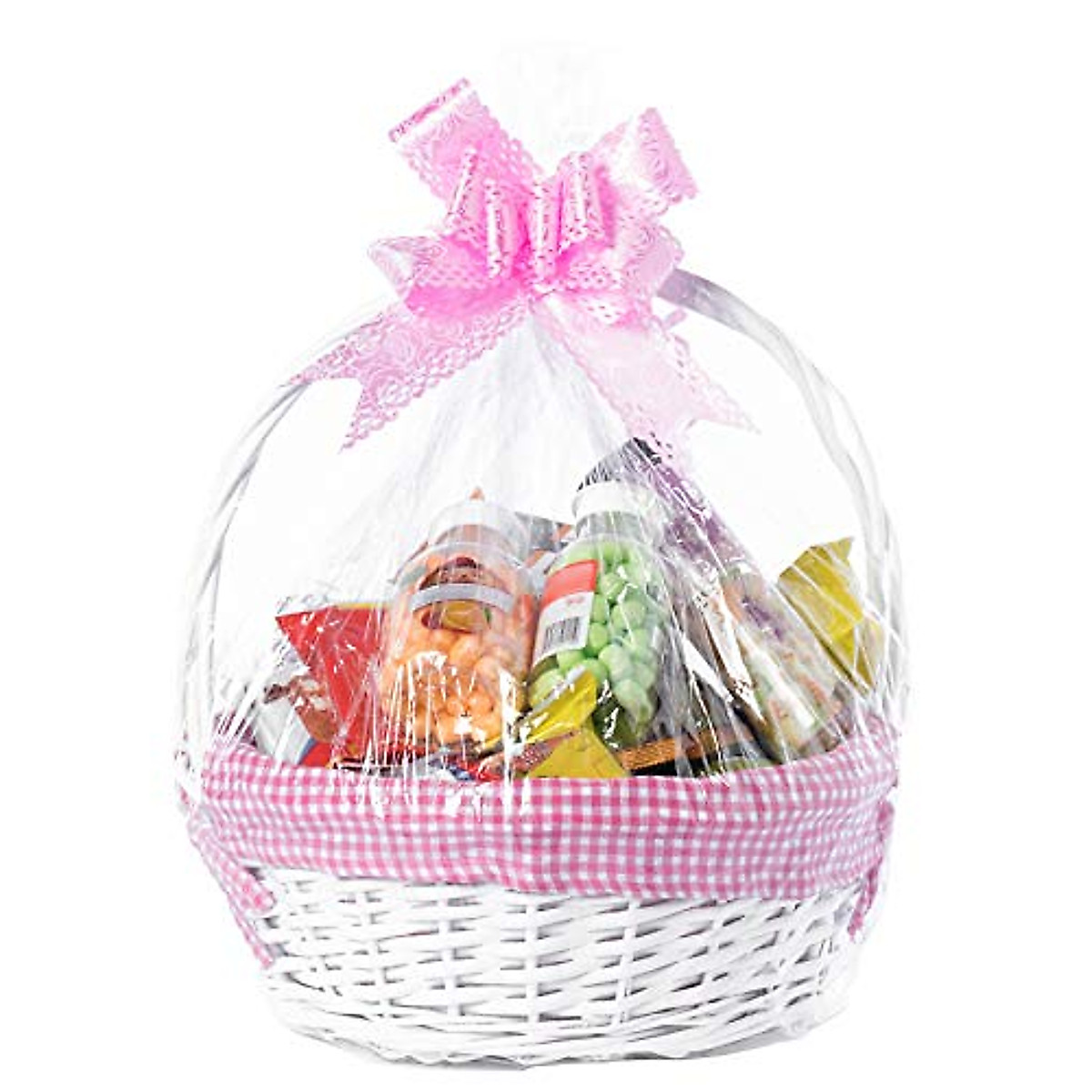 White Round Willow Gift Basket, with Pink Gingham Liner and Handle- Small