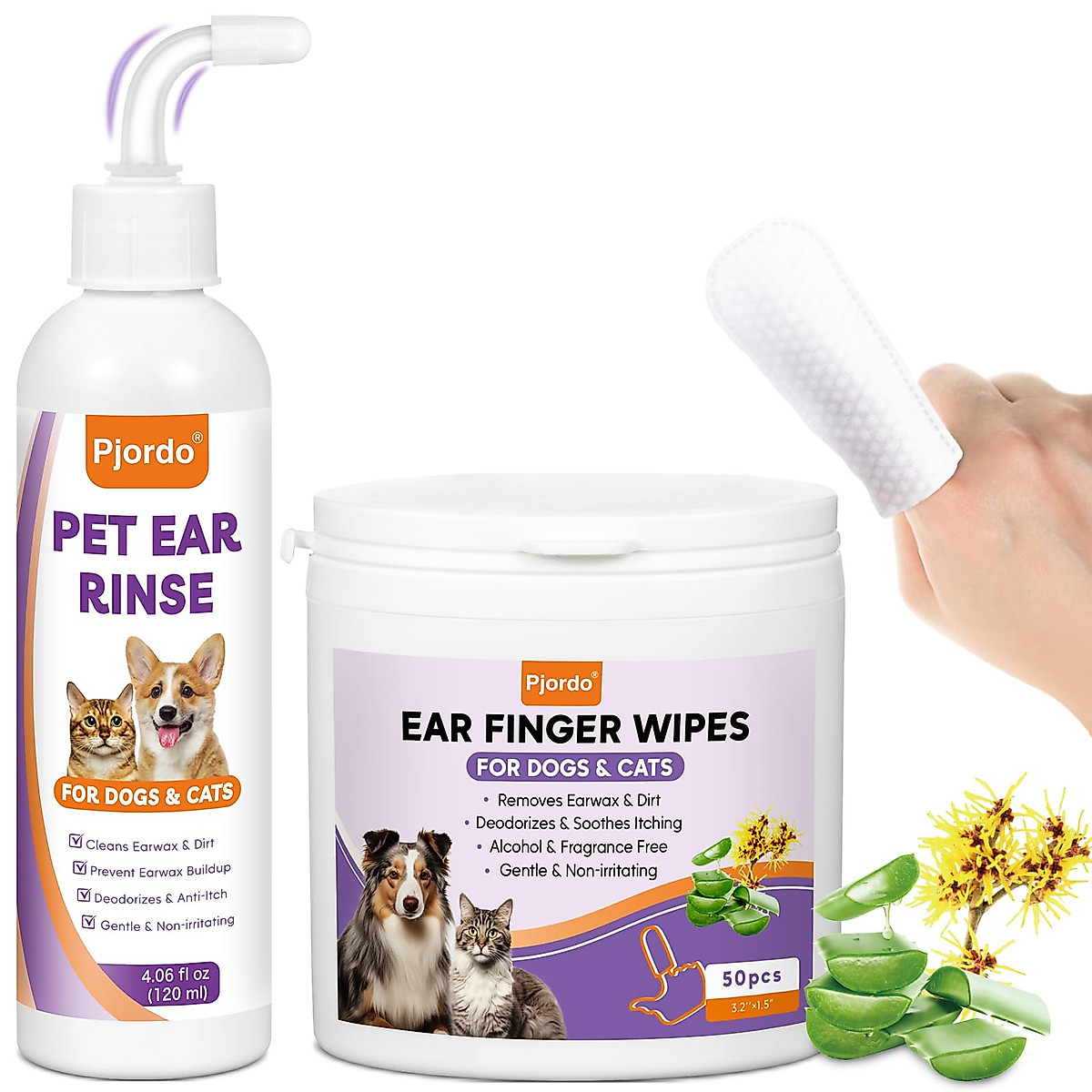 Pjordo Dog Ear Cleaner Kit - Dog Ear Finger Wipes and Ear Cleaner Solution for Dogs and Cats, Gently Remove Ear Wax & Debris, Soothe Ear Itching, Deodorize, Pet Ear Wash with Aloe Vera & Witch Hazel
