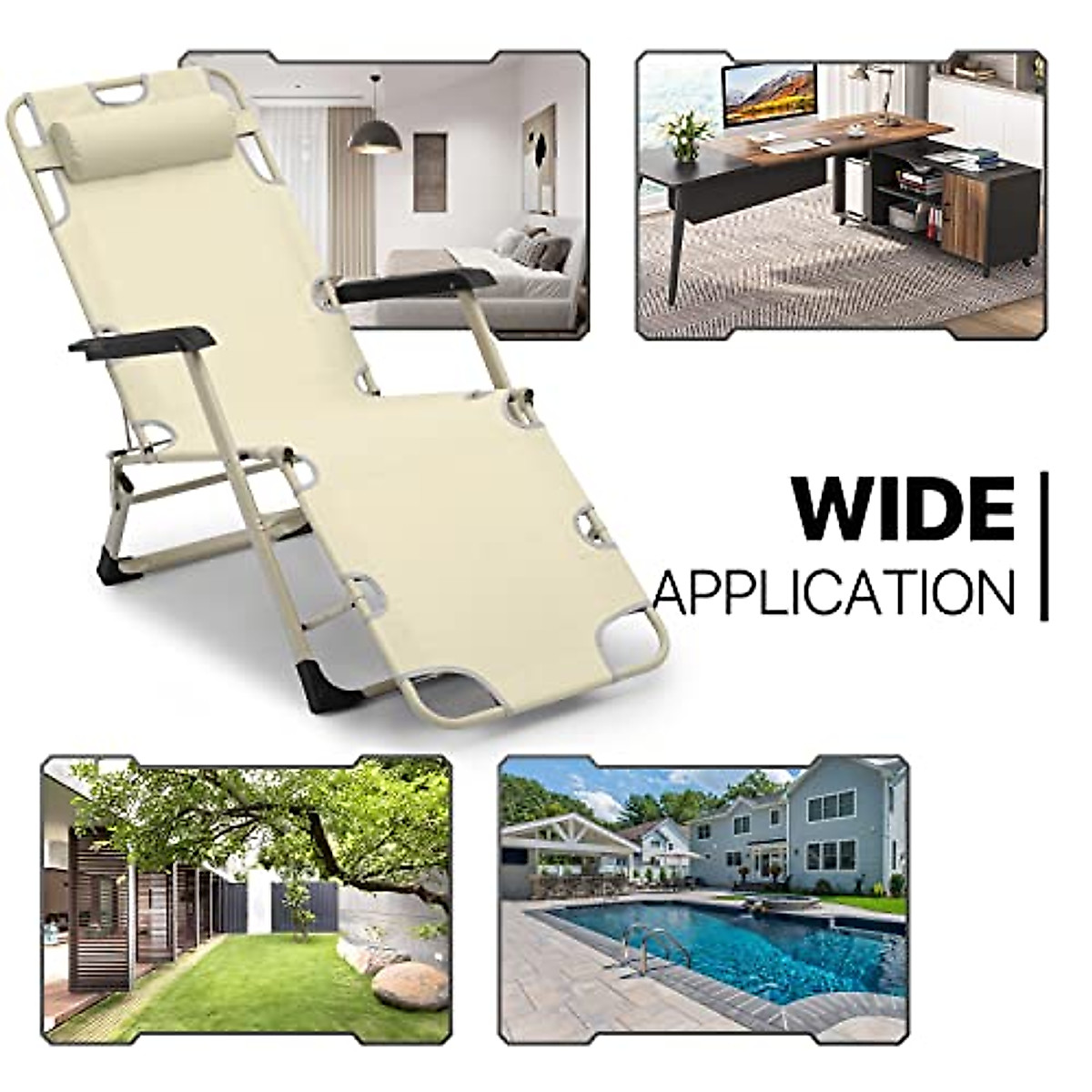 MoNiBloom Folding Beach Lounge Chair, Fixed 135° Angles Patio Outdoor Furniture Camping Pool Side Beach Lawn Lounger Chair with Adjustable Headrest for Lawn Backyard, 330lbs Capacity