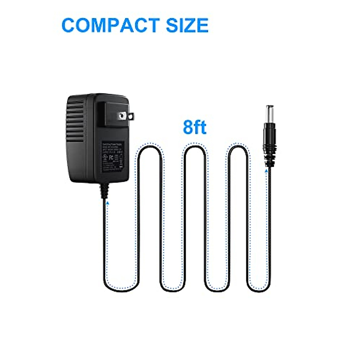 TMEZON 12V 3A Power Supply Adapter 100~240V AC to DC 3 Amp 36W 5.5mm x 2.1mm for 12volt 1A 2A 2.5A Wall Plug Long 8 Foot Cord UL Listed LED Strip Lights CCTV Security Camera Router