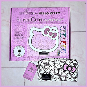 Impressions Vanity Hello Kitty Cosmetic Pouch with Waterproof Faux Leather, Zippered Bag For Travel Size Toiletries, Makeup Bag Organizer With Inside Pocket With Extra Slip Pocket (White/Pink)