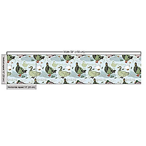 Lunarable Geese Fabric by The Yard, Ducks Fowl on The Farm with Greenery Leaves Etching Illustration Design Print, Decorative Fabric for Upholstery and Home Accents, 1 Yard, Olive Green