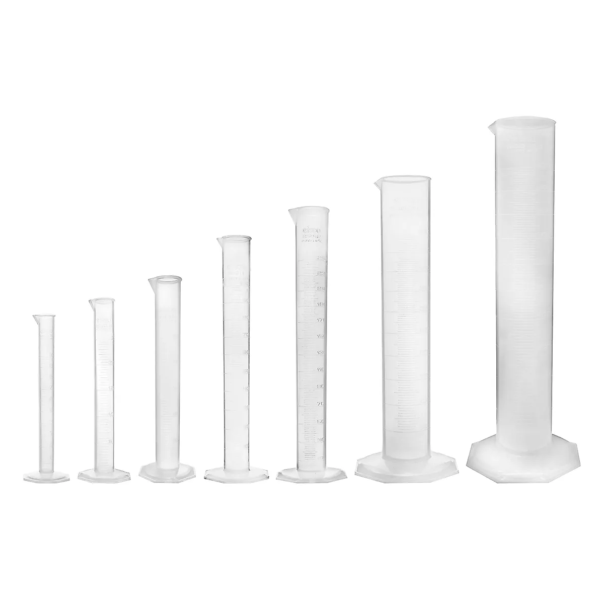 EISCO 7PC Graduated Cylinder Set - Class B - 10ml, 25ml, 50ml, 100ml, 250ml, 500ml & 1000ml - Polypropylene Plastic, Octagonal Base, Moulded Graduations - Industrial Quality, Autoclavable
