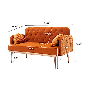 55-inch Small Velvet Couch with Elegant Moon Shape Pillows, Twin Size Loveseat Accent Sofa with Golden Metal Legs, Living Room Sofa with Tufted Backrest, 600 Pounds Weight Capacity, Orange