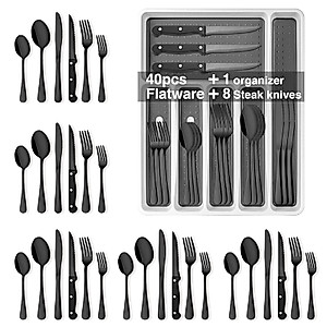 49-Piece Black Silverware Set with Organizer, Stainless Steel Flatware Set with Steak Knives for 8, AIKKIL Cutlery Set for Home Restaurant, Food-Grade Knives Forks and Spoons Silverware Set