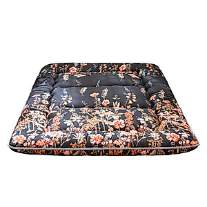 Black Floral Japanese Futon Floor Mattress, Bed Mattress Topper Portable Thick Sleeping Pad Floor Bed Roll Up Camping Mattress Folding Couch Bed Mattress Pad for Guest Room, Full Size