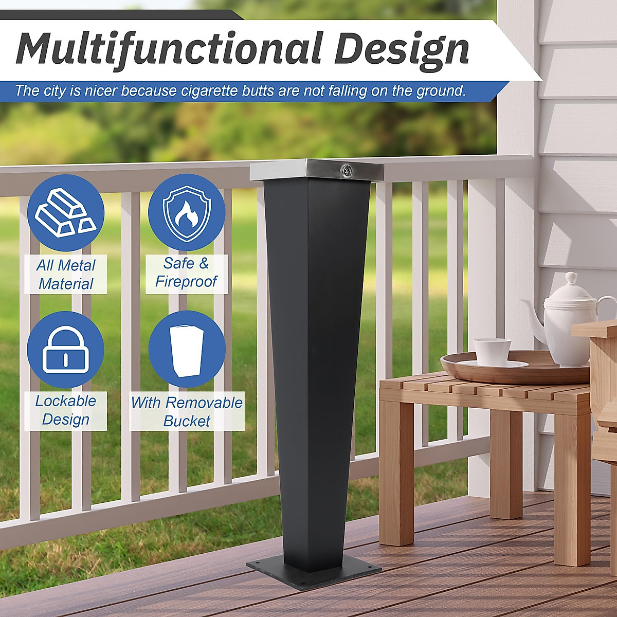 AIWFL Commercial Trash Receptacle Outdoor Trash Can Stainless Steel Garbage Can Black Ash Bin with Inner Bucket for Office Hotel Patio Backyard Restaurants