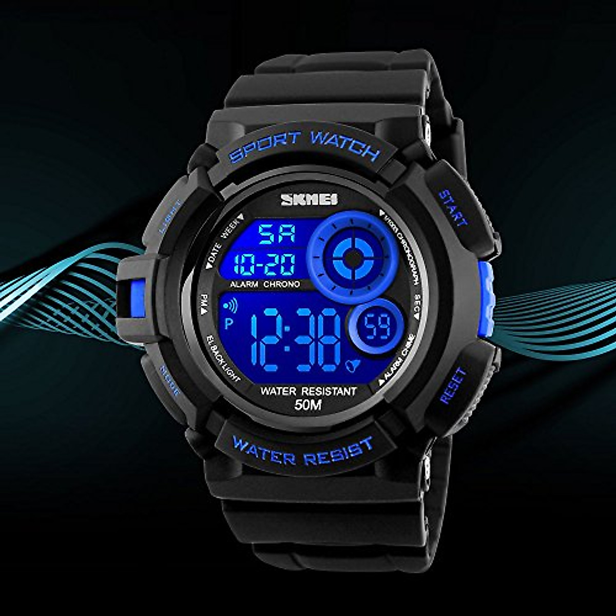 FANMIS Mens Military Multifunction Digital Watches 50M Water Resistant Electronic 7 Color LED Backlight Black Sports Watch (Blue)
