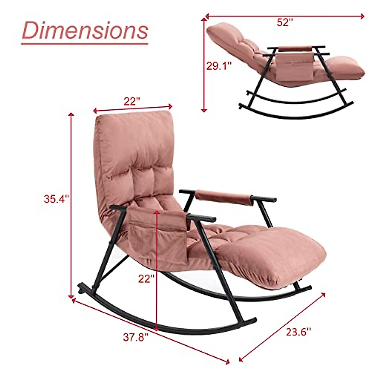 ZJhome Velvet Accent Folding Rocking Recliner Chair Nursery with Side Pocket Adjustable High Back & Foot Rest, Comfortable Upholstered Nursing Glider Rocker Armchair for Living Room, Bedroom(Pink)