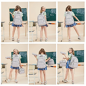 Daisy-Print School Backpack Set with Lunch Kits Bookbag for Teenager Girls 3pcs Gradient SchoolBag for Primary Student