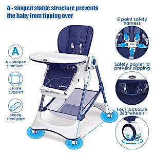 INFANS High Chair with One-Hand Removable Tray, 4 Lockable Wheels & Large Storage Basket - Multi-Adjustable Height, Recline & Footrest, Removable Cushion, Foldable for Baby, Infant& Toddler (Navy)