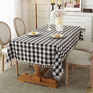Laolitou Checkered Tablecloth Rectangle Washable Buffalo Plaid Table Cloth with Tassel Cotton Linen Gingham Table Cover for Picnic Kitchen Dining Room, Black and White, 86 Inch