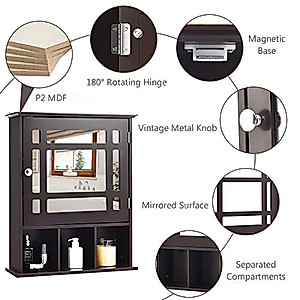 DORTALA Bathroom Wall Storage Cabinet, Mirror Cabinet Organizer, Wooden Hanging Medicine Cabinet Organizer w/Adjustable Shelf & 3 Open Compartments, Brown