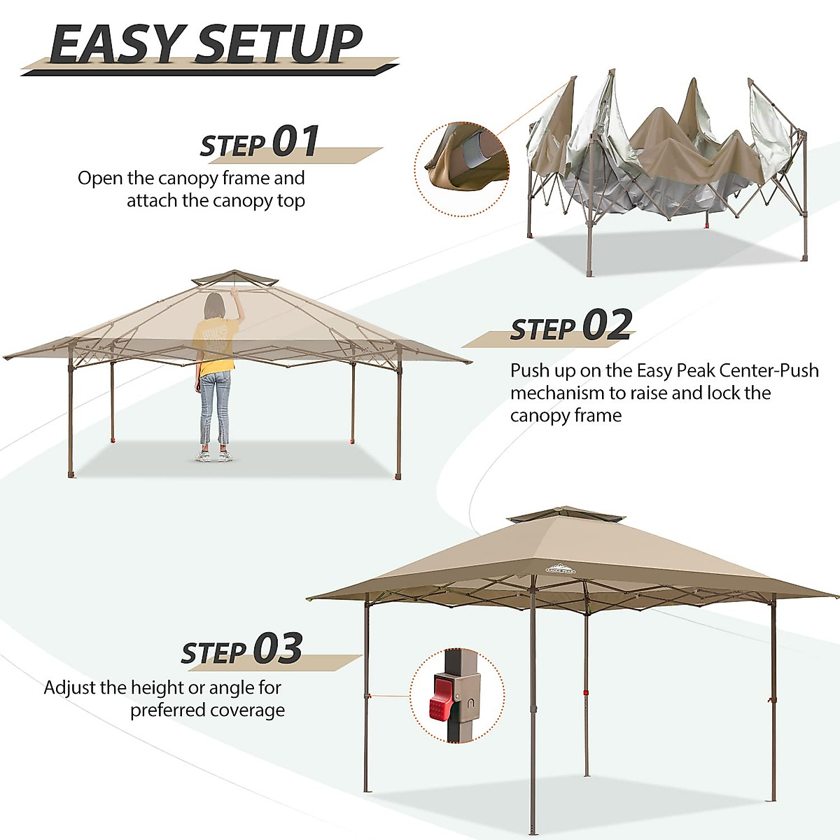 EAGLE PEAK 13x13 Straight Leg Pop Up Canopy Tent Instant Outdoor Canopy Easy Single Person Set-up Folding Shelter w/Auto Extending Eaves 169 Square Feet of Shade (Beige)