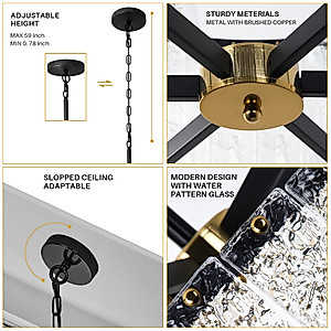 KINGTORO Modern Crystal Chandelier,16" Black Chandeliers for Dining Room, Adjustable Height,Water Ripple Glass,Hanging Pendant Light Fixture for Kitchen Island Entryway Foyer Hallway Living Room