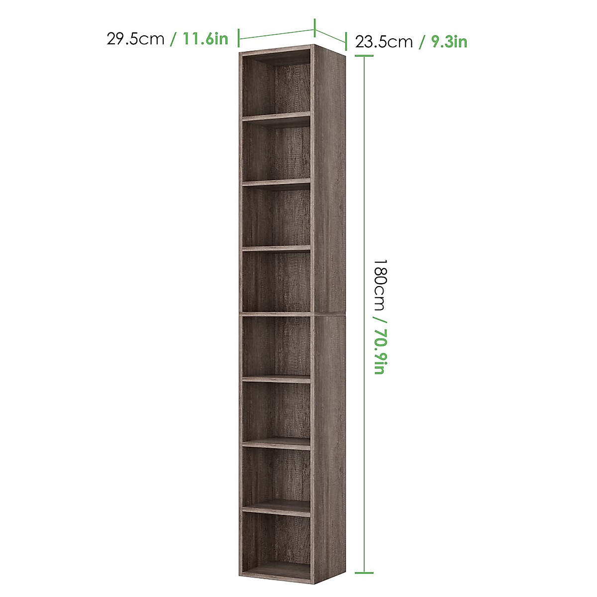 PUPL 8-Tier Media Tower Rack, CD DVD Storage Organizer Cabinet with Adjustable Shelves, 11.6 x 9.3 x 70.9 Inches Slim Wood Look Bookshelf Display Bookcase for Home Office, Oak
