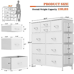 Lulive White Dresser for Bedroom with 10 Drawers, Chest of Drawers with Side Pockets and Hooks, PU Storage Dresser, Organizer Unit for Living Room, Hallway, Closet (White)