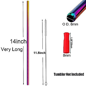 Wobye 4 Pack Colorful Stainless Steel Straws with Silicone Tips & Cleaning Brush, 14'' Extra Long 0.32'' Wide Reusable Metal Straws for 1 Gallon/128 75oz Large Water Bottle 64oz Tumbler, Wine Bottle