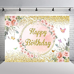 Wollmix Butterfly Happy Birthday Banner Backdrop Decorations 7x5ft Party Sweet 16 Girls Women Pink Florals Glitter Gold Dots Photography Background Supplies Photo Booth Studio Cake Table
