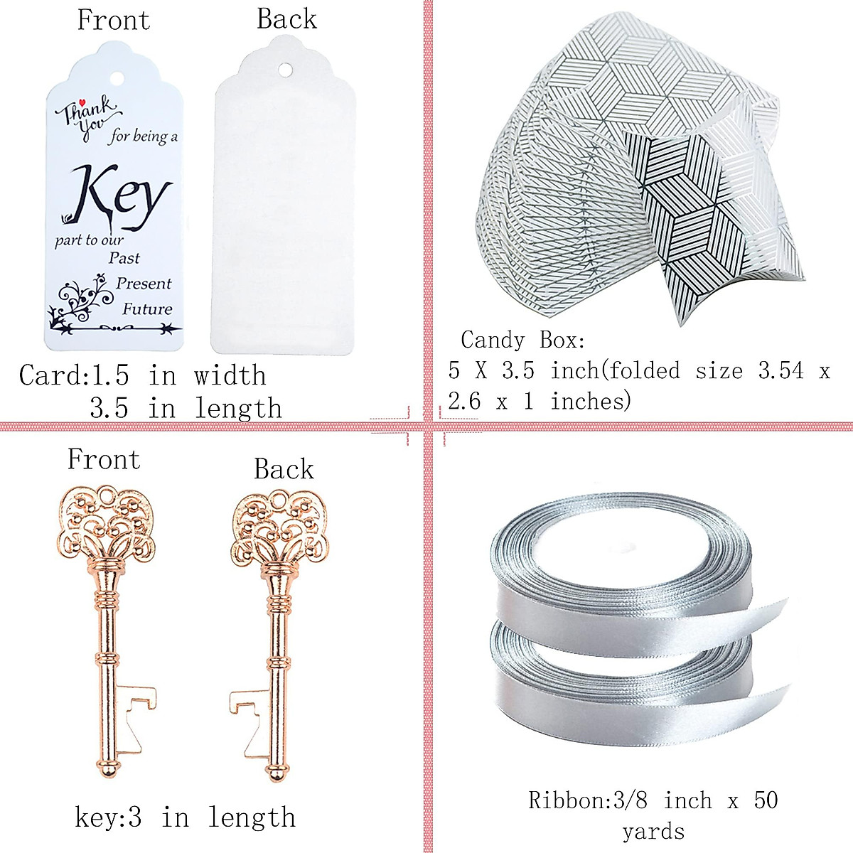 Aokbean 50 Sets Skeleton Key Bottle Openers with Candy Box Wedding Party Favors Souvenir for Guests Escort Gift Card and Ribbon (Rose Gold)