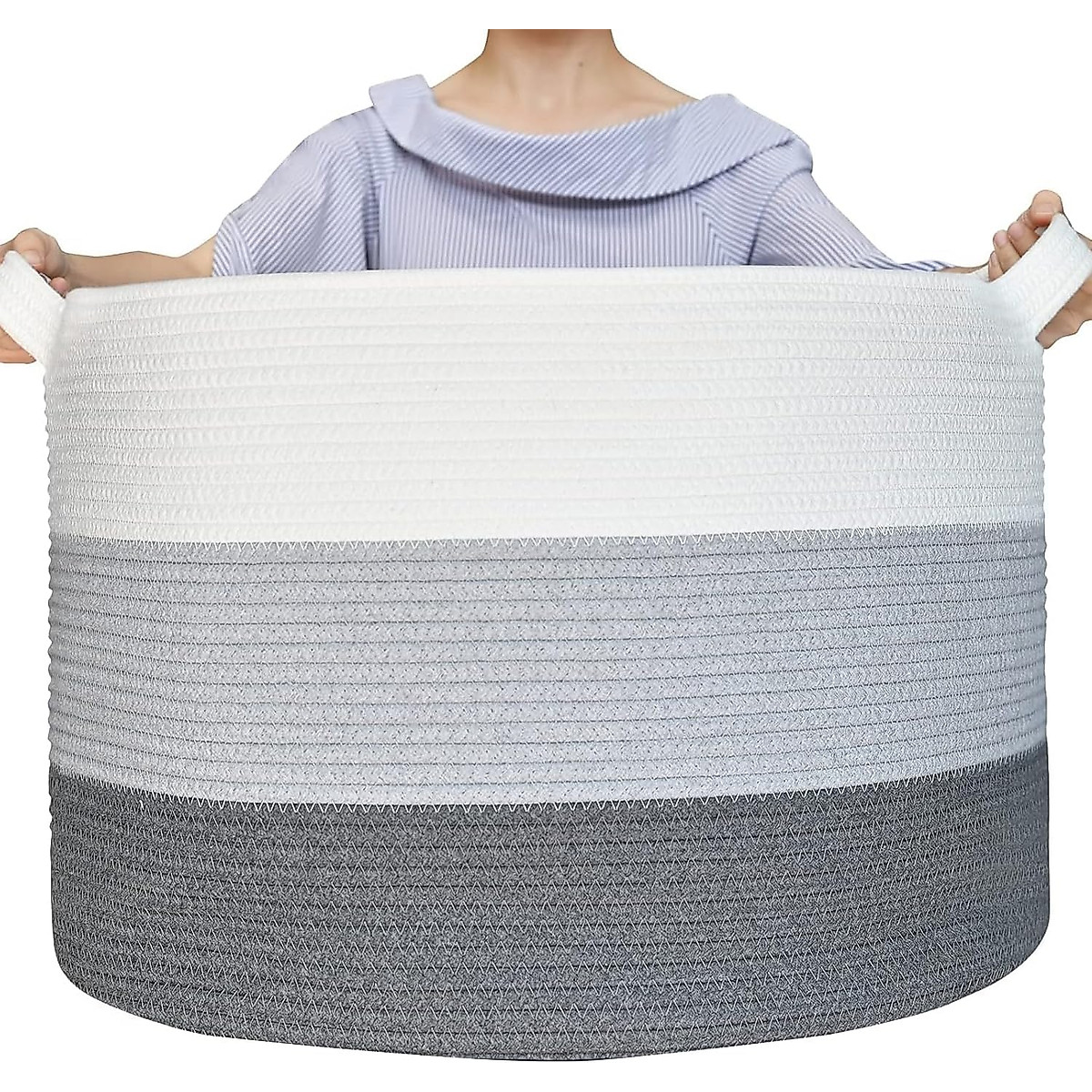Handmade Large Cotton Rope Storage Basket, Laundry Hamper for Nursery, Woven Rope Laundry Hamper, 87L Laundry Basket for Blankets, Cotton Rope Basket with Handles, Clothes Organizer Grey & White