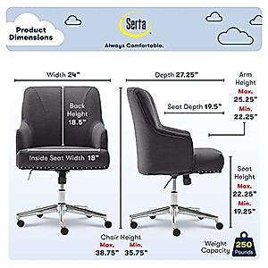Serta Leighton Home Office Memory Foam, Height-Adjustable Desk Accent Chair with Chrome-Finished Stainless-Steel Base, 27.25D x 24W x 35.75H in, Dark Gray