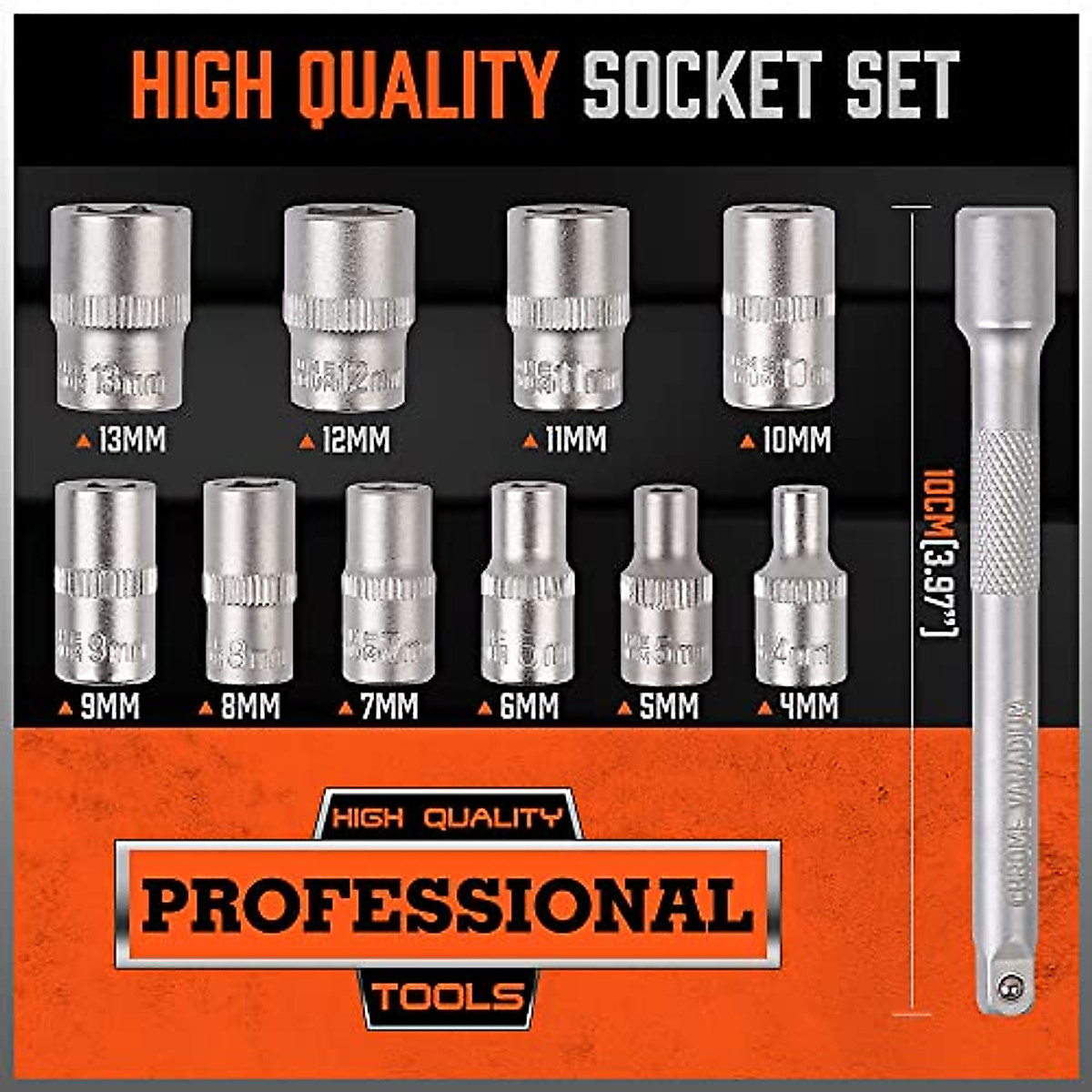 HORUSDY 12-Pieces 1/4” Ratchet Socket Wrench Set, Drive Socket Set, 4mm -13mm Sockets and, Quick Released Ratchet Handle and 10 cm Extension Bar
