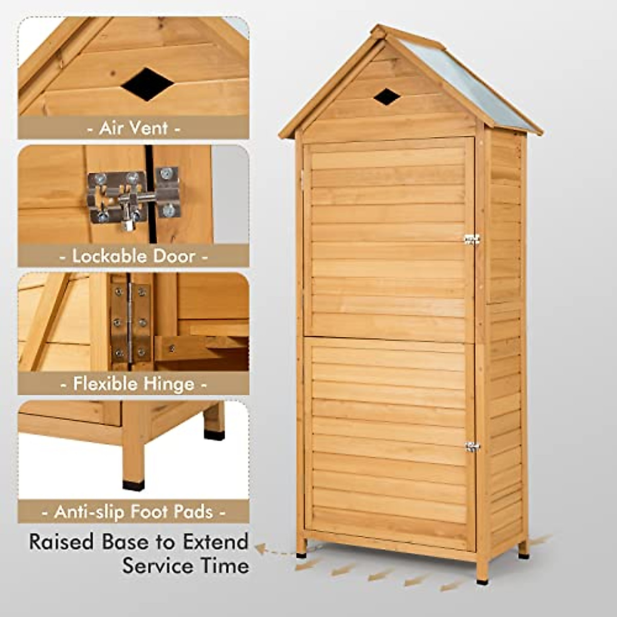 Goplus Wooden Storage Shed, Outdoor Storage Cabinet with 4 Shelves and Pitched Galvanized Sheet Roof, Lockable Garden Shed, Outside Tool Shed for Patio Yard Lawn